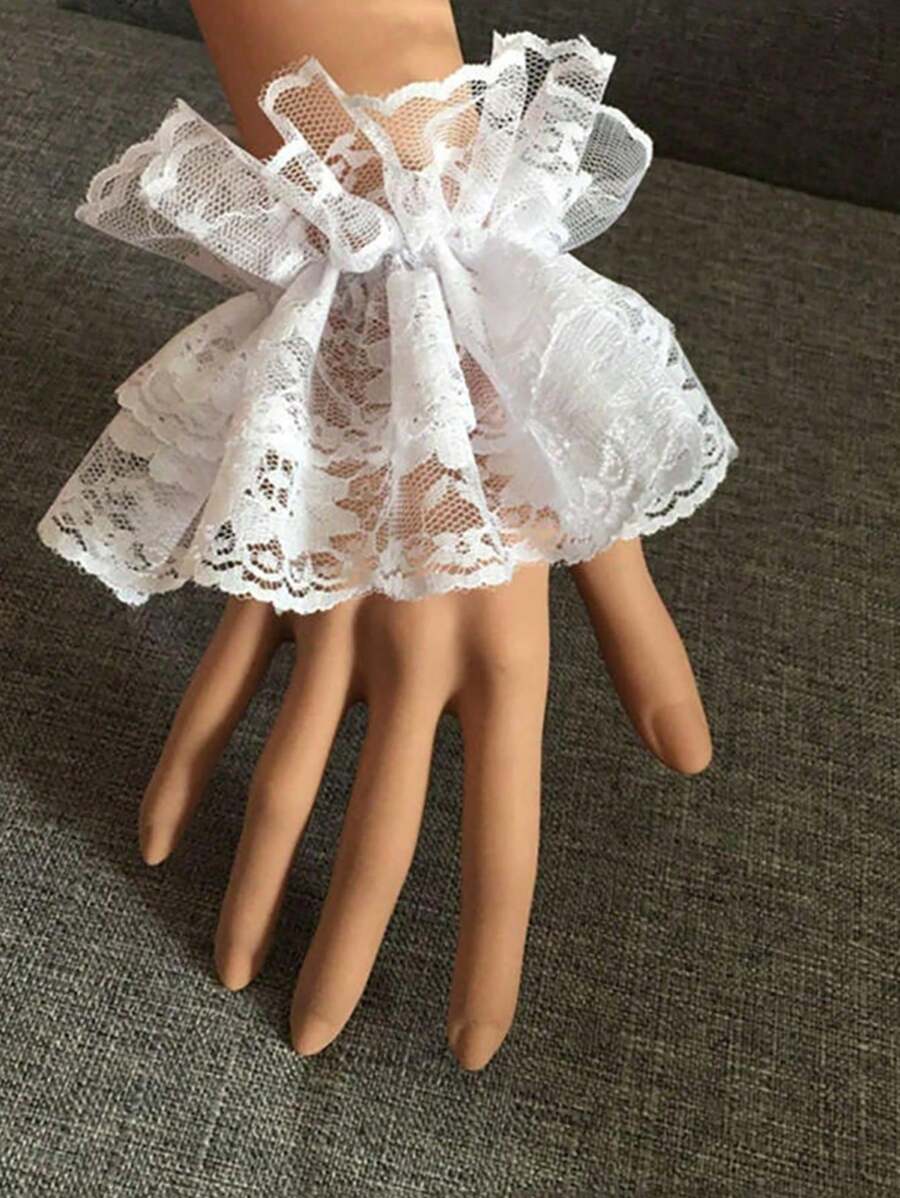 1 Pair Women's Elegant Ruffled Lace False Sleeves With Ribbon Detail ...