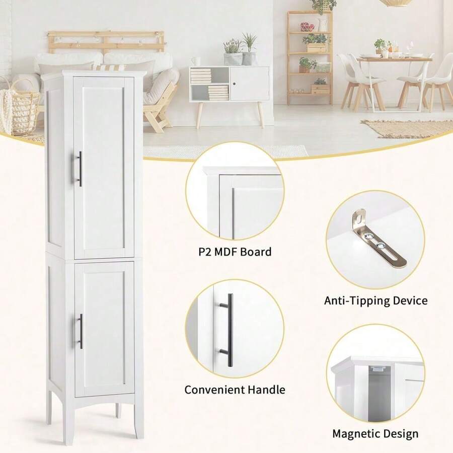 Floor Cabinet Wooden Tall Bathroom Storage Cabinet With 6 Tier 2-Door ...