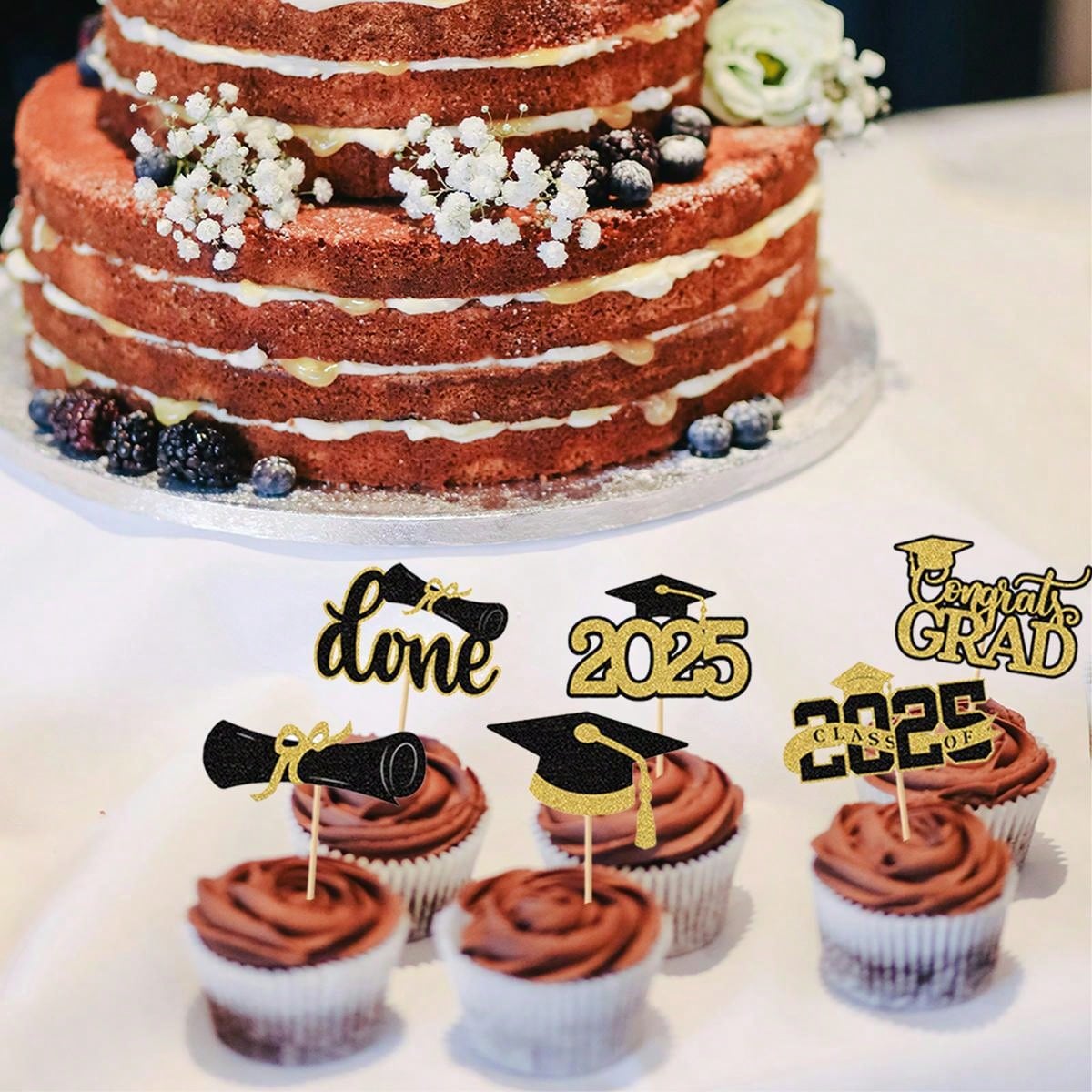 12Pcs Graduation 2025 Cupcake Toppers Set, Sparkle Black And Gold ...