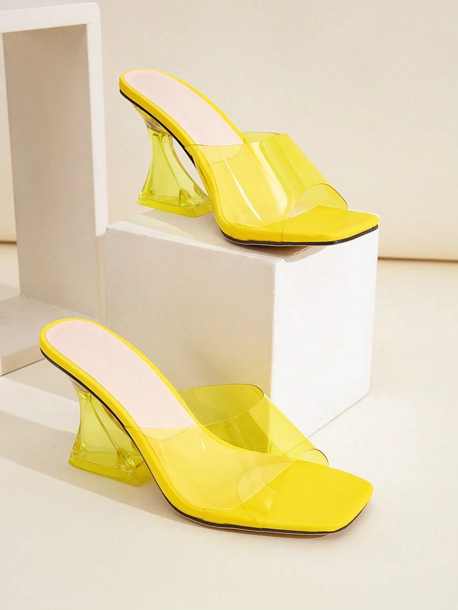 Women's Yellow Transparent Chunky Triangular Heel Fashion Casual Thick ...