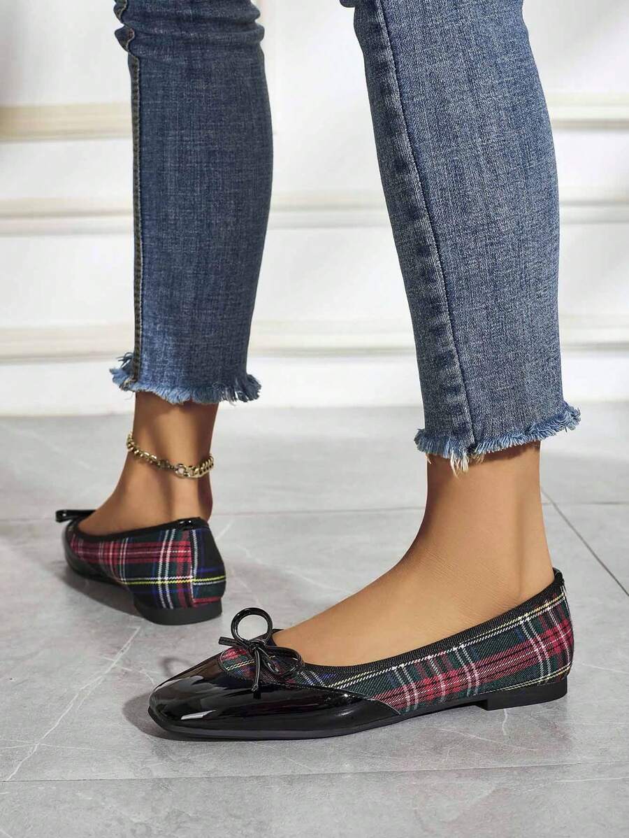 Women's Bow Decor Ballet Flats, Versatile Patchwork Mary Jane One-Piece Low Heel Casual Shoes ...