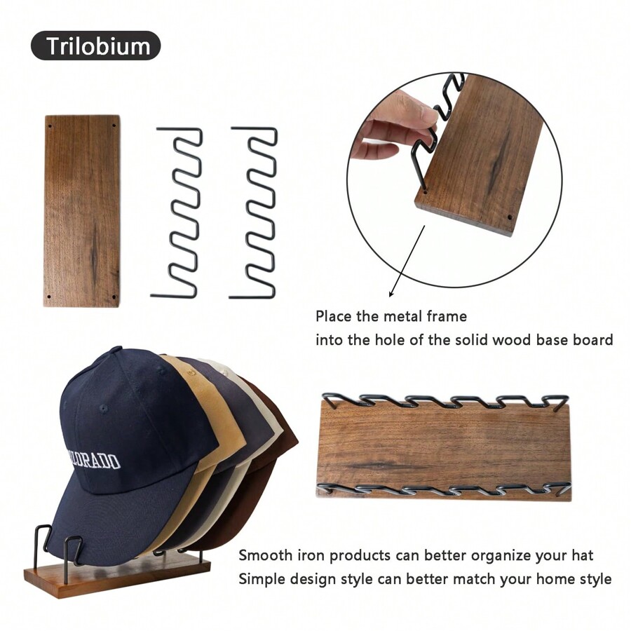 New Walnut Wood & Black Metal Baseball Cap Display Rack Holder ...