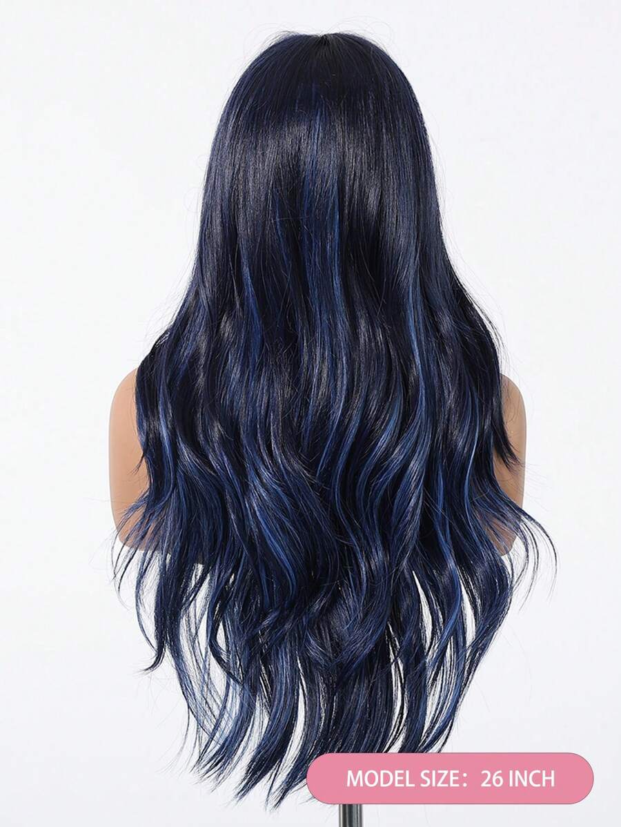 Peruca longa ondulada preta azul mista de 26 polegadas com franja para ...