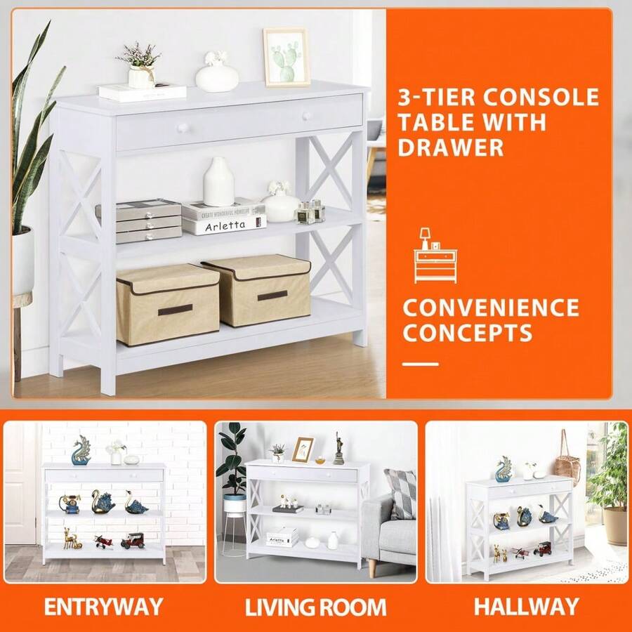 3 Tiers Console Table With Drawer Narrow Sofa Table Storage Shelves ...