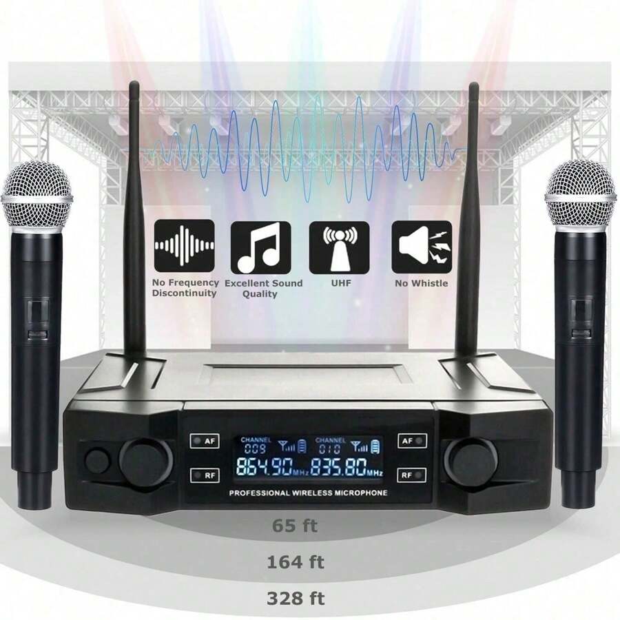 Professional 2 Channel UHF Wireless Dual Microphone Cordless Handheld ...