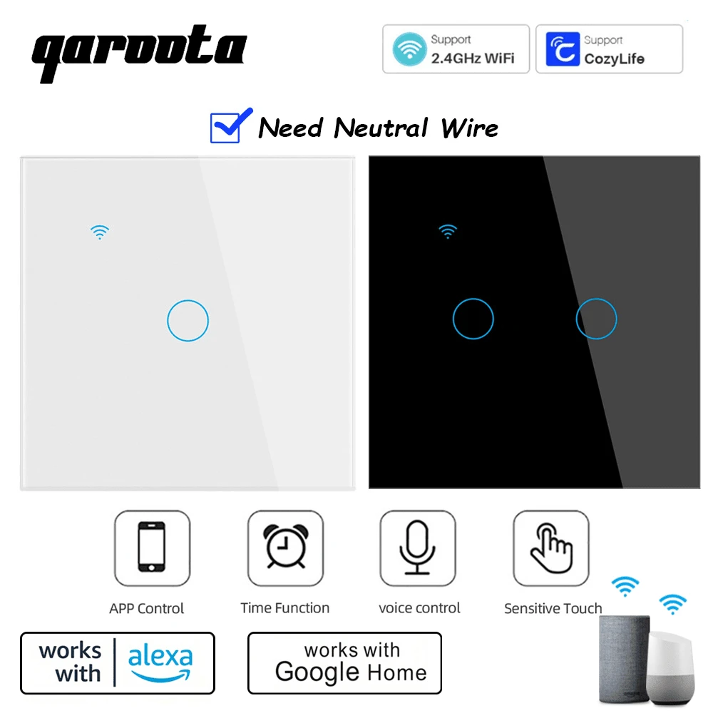 qaroota 1pc PC+ Toughened Glass Panel Cozylife WiFi Smart Switch EU ...