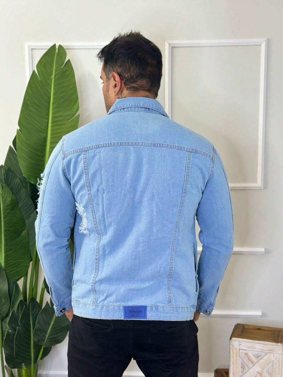 Men's Light Blue Ripped Destroyer Jeans Jacket | SHEIN USA