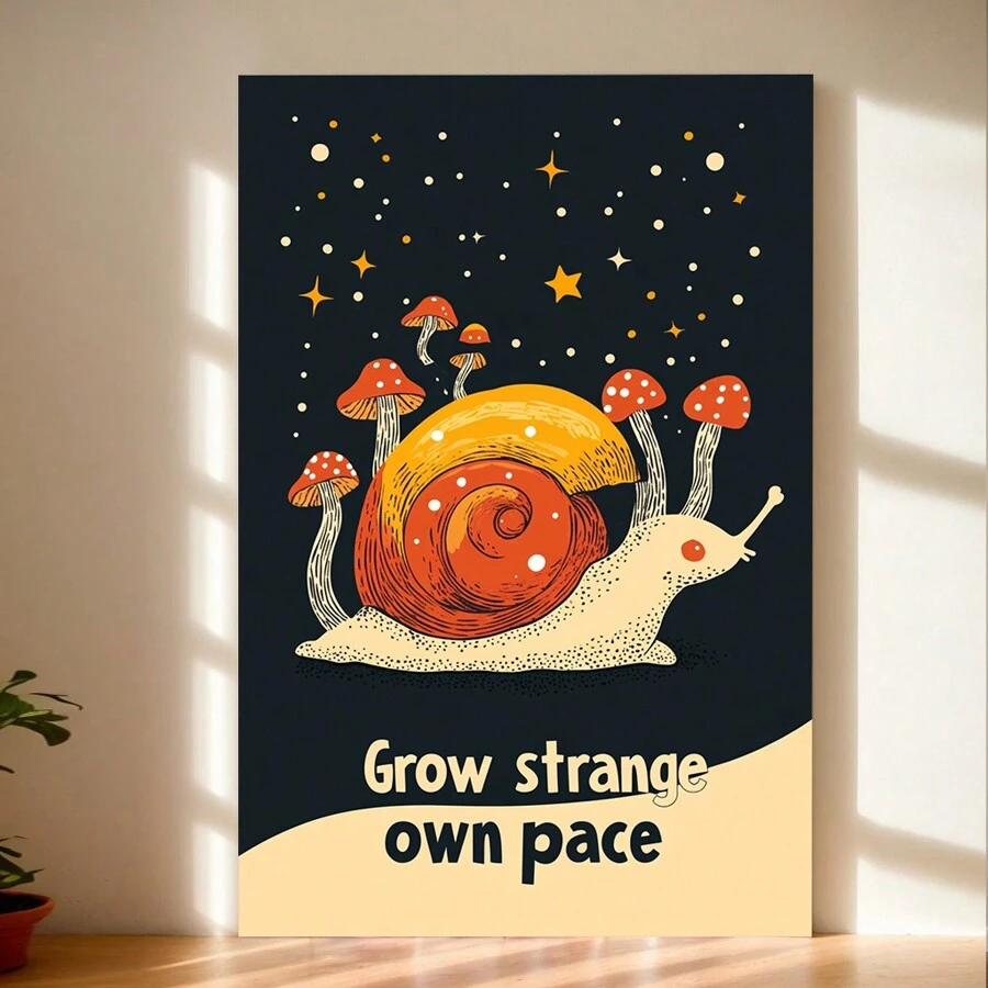 Slow And Steady Growth, Snail And Mushroom Art Print, Modern Retro ...