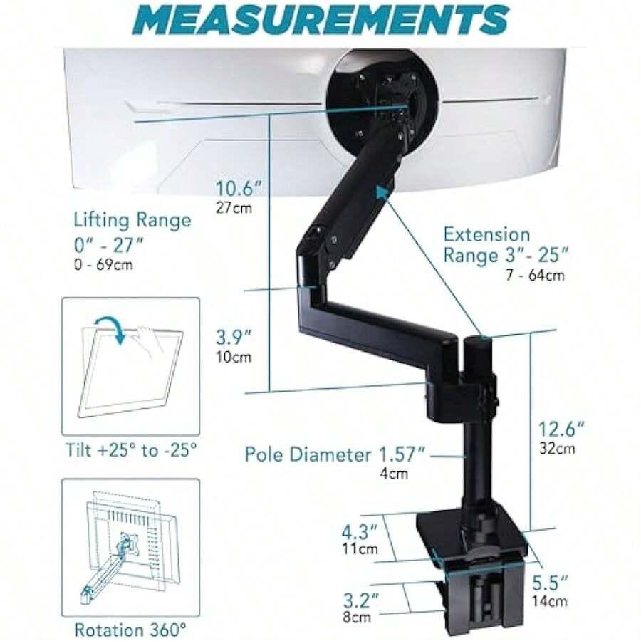Heavy Duty Monitor Arm Ultra Wide Compatible Up To 57" 44 Lbs Pneumatic ...