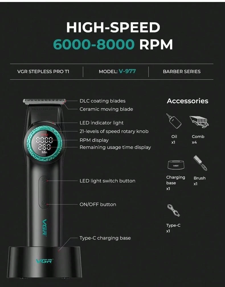 VGR Cortadora de pelo inalámbrica VGR con ajuste de velocidad en 21 niveles, recargable, juego ...