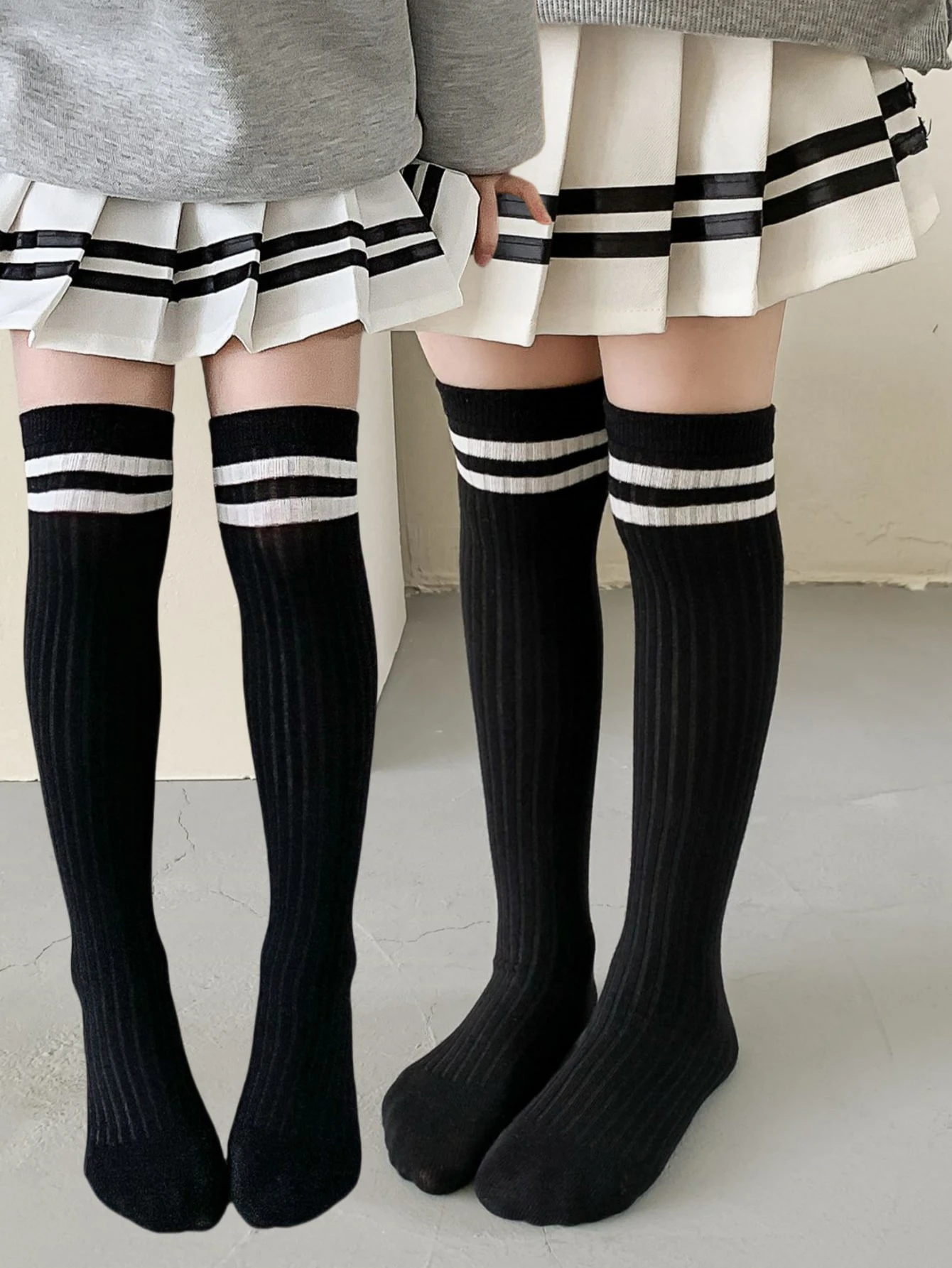 2 Pairs School Style Double Stripe Seamless Thigh High Socks For ...