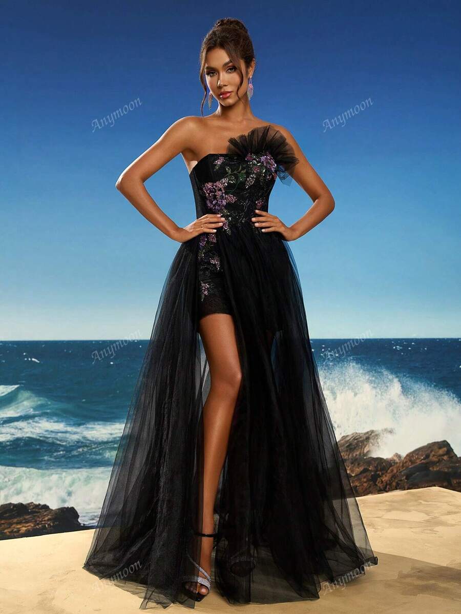 Robe du soir en tulle floral 3D à paillettes sans bretelles Anymoon ...