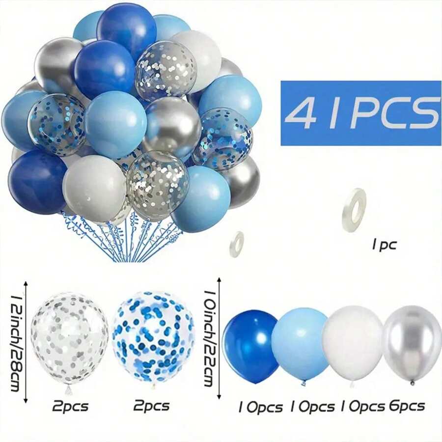12-Inch Blue & Silver Metallic Confetti Balloons Set, Birthday Party ...