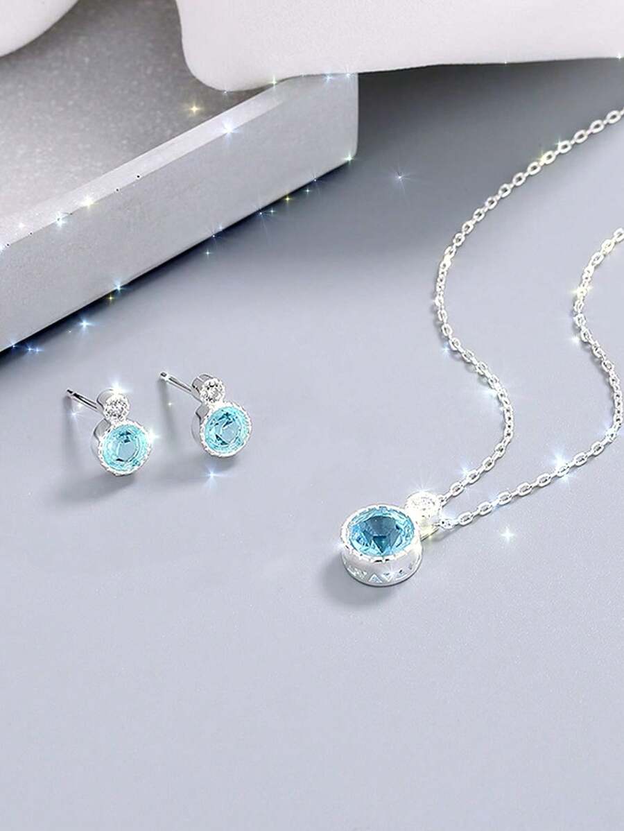 S925 Sterling Silver Ocean Heart Themed Jewelry Set For Women - Pendant Necklace And Earrings ...