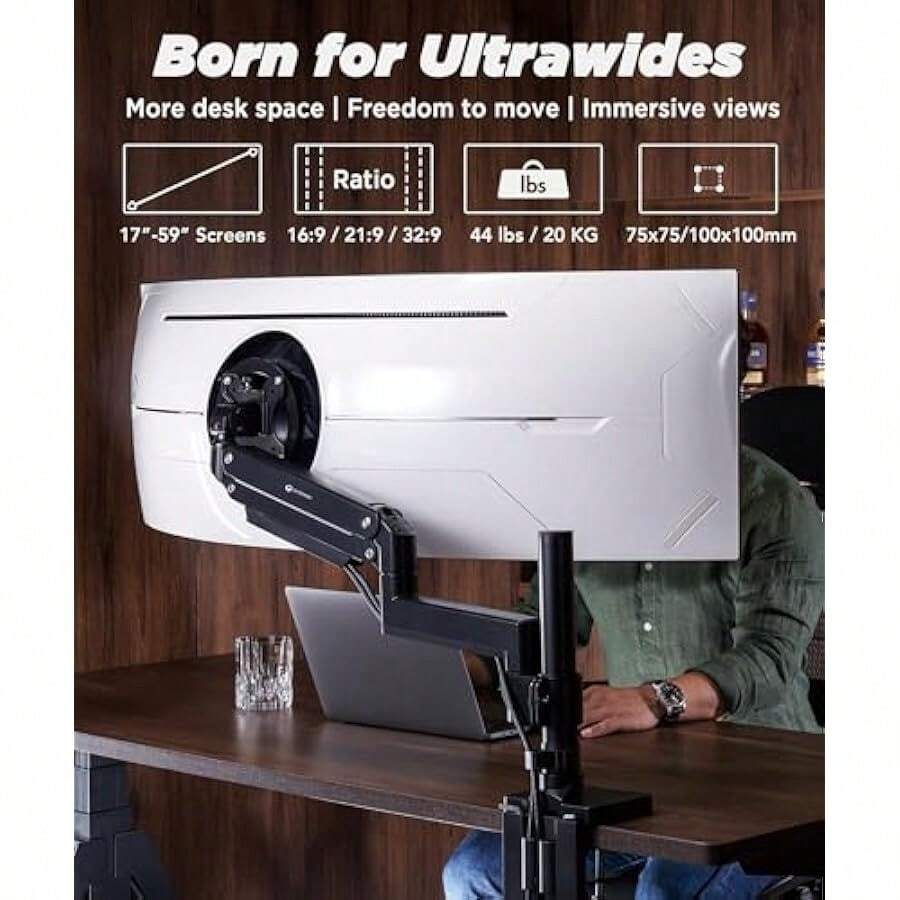 Heavy Duty Monitor Arm Ultra Wide Compatible Up To 57" 44 Lbs Pneumatic ...