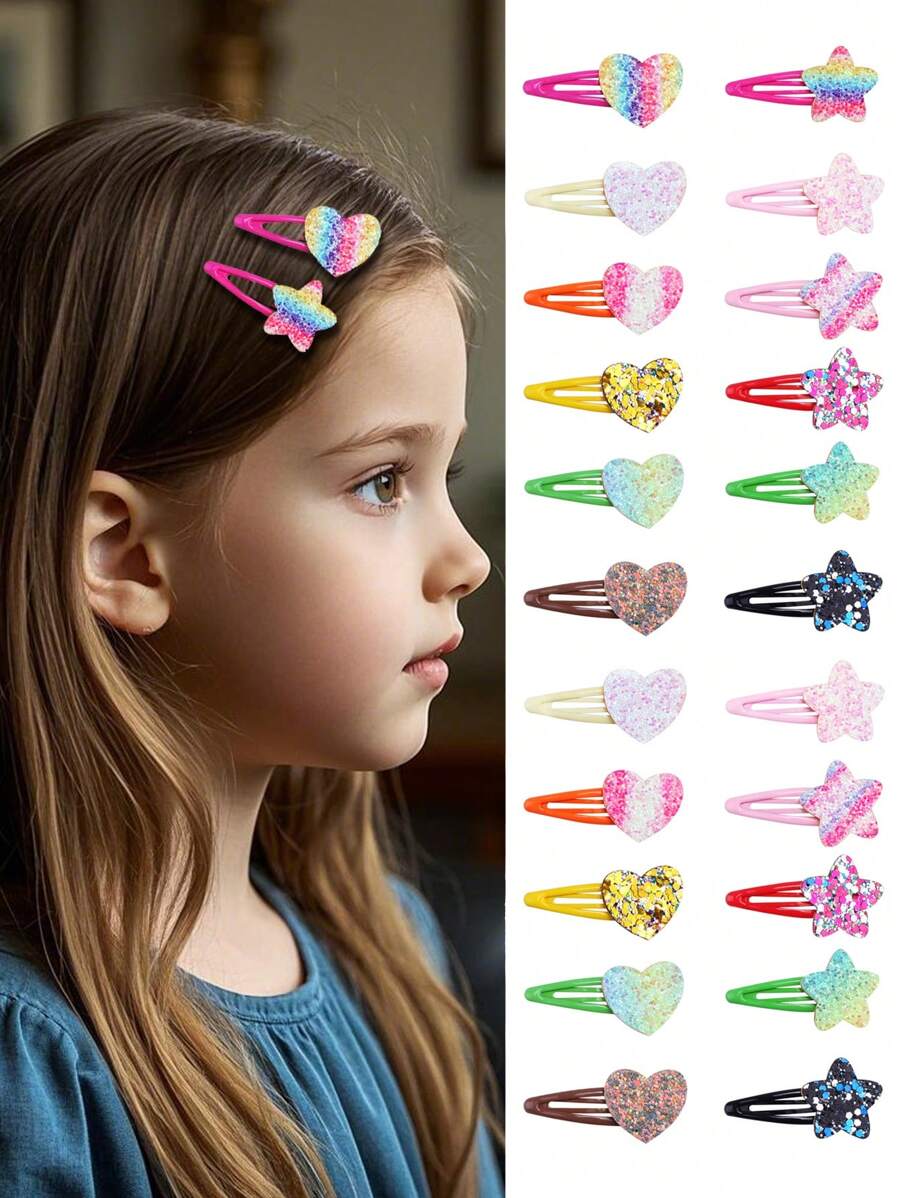 10pcs Kids Candy Color Hair Clips, New Glitter Star & Heart Fashionable ...
