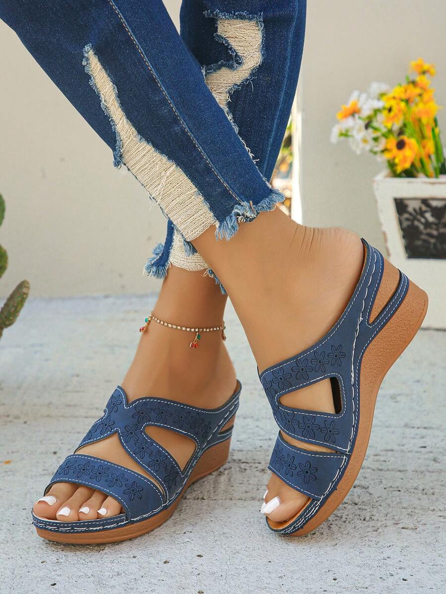 Women's Solid Color Hollow-Out Round Toe Wedge Heels Sandals, Casual ...