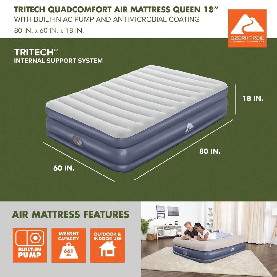 Ozark Trail 18" Queen QuadComfort Airbed Mattress With Built-In AC Pump And Antimicrobial ...
