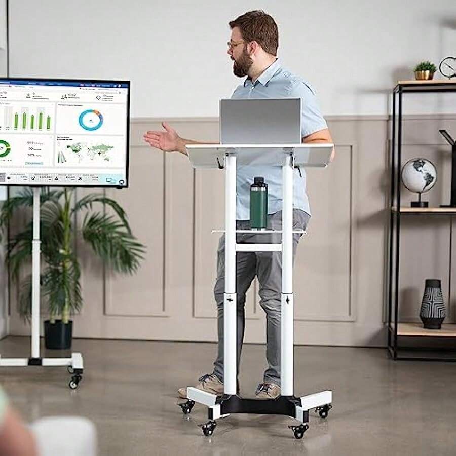 24 Inch Height Adjustable Multi-Purpose Rolling Podium Lectern White ...
