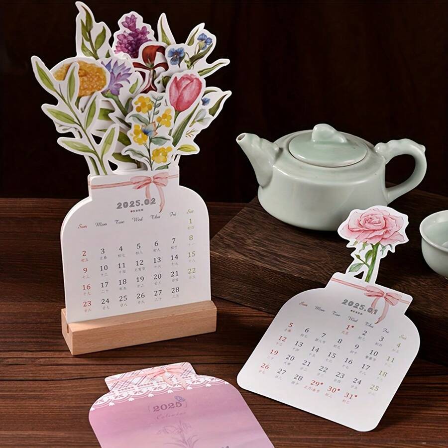 2025 Floral And Animal Themed Desk Calendar Set, With Wooden Support ...
