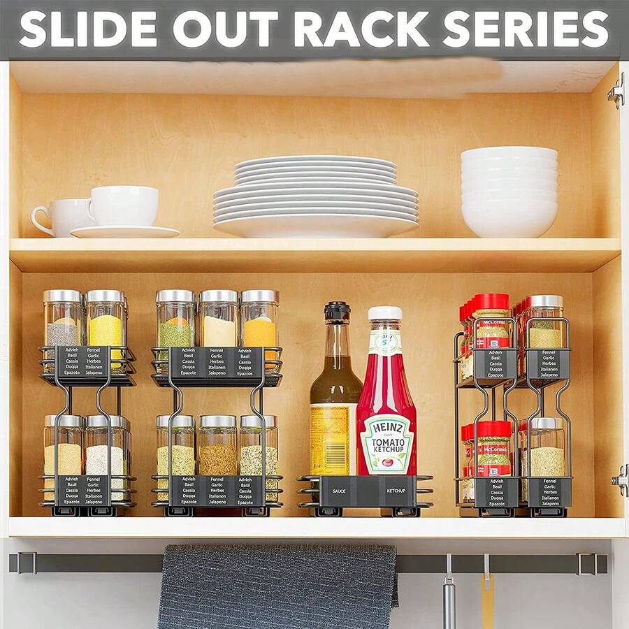 Double Tier Pull-Out Iron Spice Rack, Sliding Cabinet Spice Storage Box ...