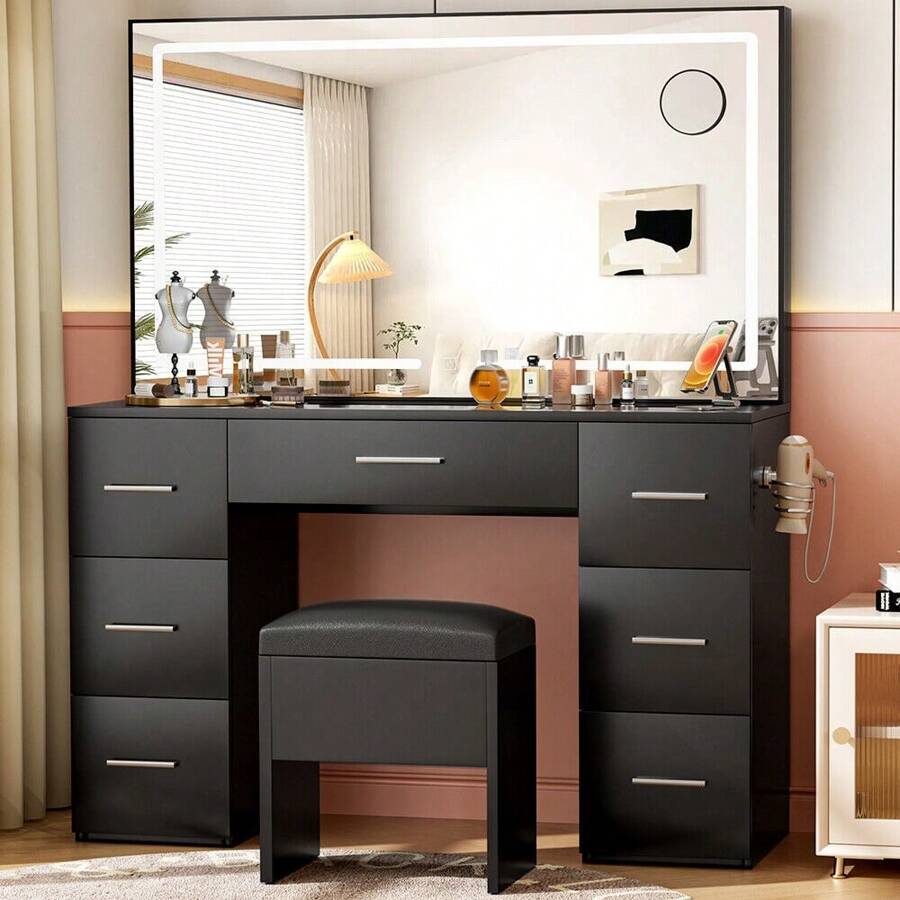 Makeup Vanity Set Large LED Lighted Mirror Dressing Table Dresser Desk ...