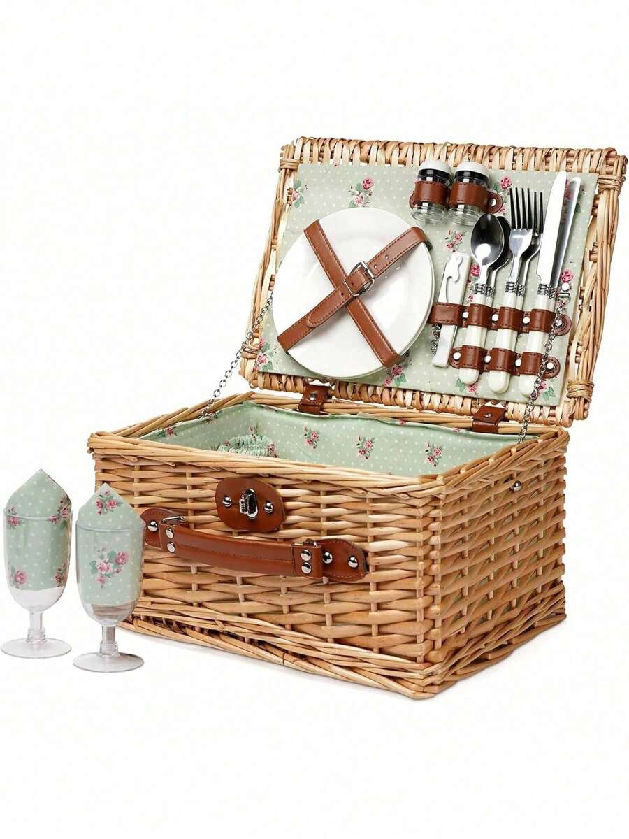 Wicker Picnic Basket For 2, Handmade Willow Hamper Basket Sets 2 Person ...