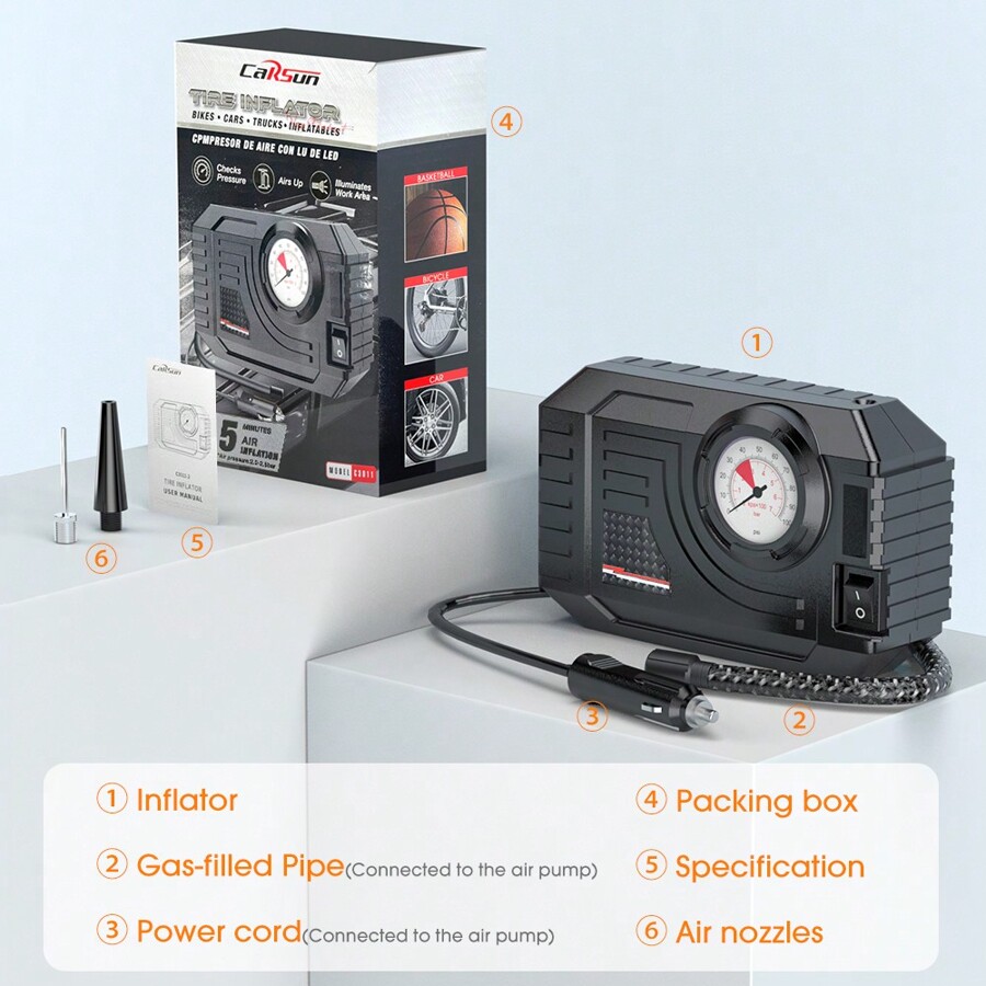 CARSUN Carsun Mini Portable 12V Car Air Compressor With Bright Night Lighting, Mechanical Type ...