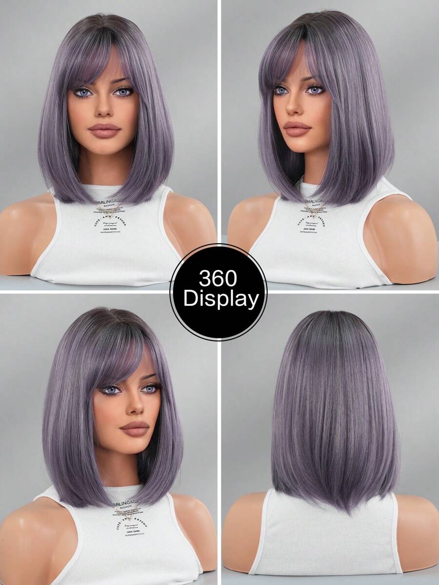 Ombre Short Purple Wig Bob Straight Synthetic Wig With Side Bangs High ...