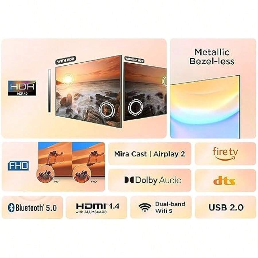 32 Inch FHD Smart TV HDR H Dolby Audio DTS Virtual X DTS HD Metal Bezel Less Dual Band WiFi 5 ...