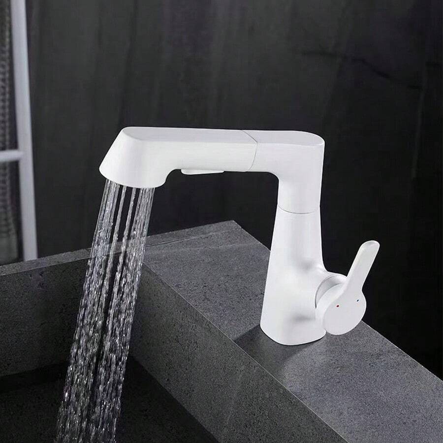 Bathroom Countertop Basin With Adjustable Pull-Out Faucet, White ...