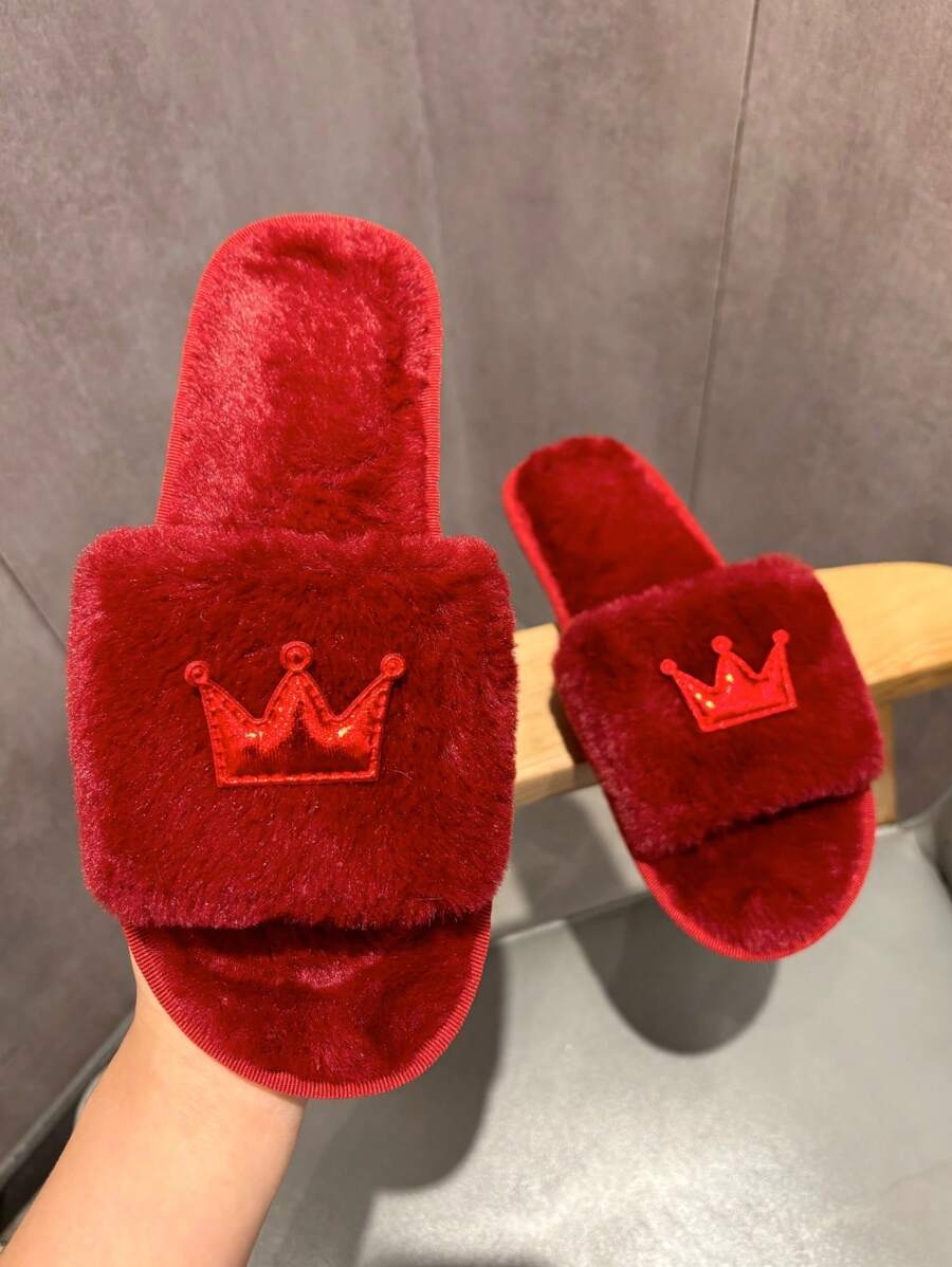 Women's Burgundy Indoor Slippers With Glitter Crown & Furry Details ...