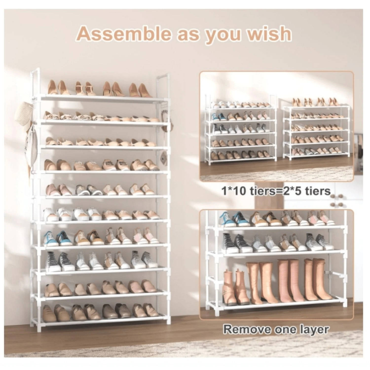 10 Tiers Shoe Rack Tall Large Capacity 50 Pairs Wide Shoe Organizer ...