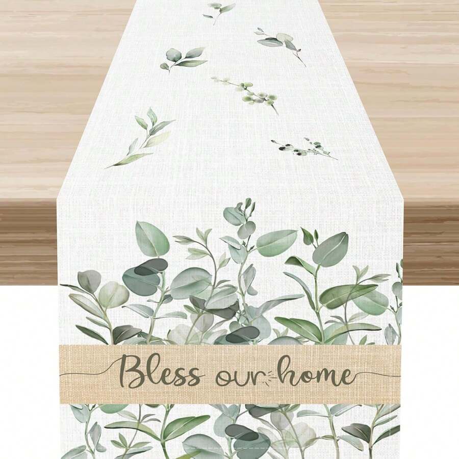1pc Farmhouse Table Runner, Green Eucalyptus Spring Summer Seasonal ...