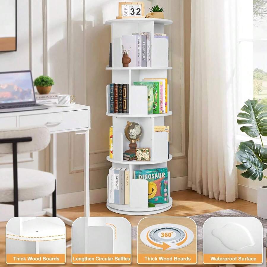 Rotating Bookshelf,Wood Corner Bookshelf 4 Tier 360 Display Spinning ...