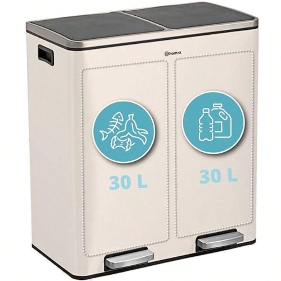 60L Homra Recycling Bins | 2x30 Liters Stainless Steel Pedal Bin | 2 ...