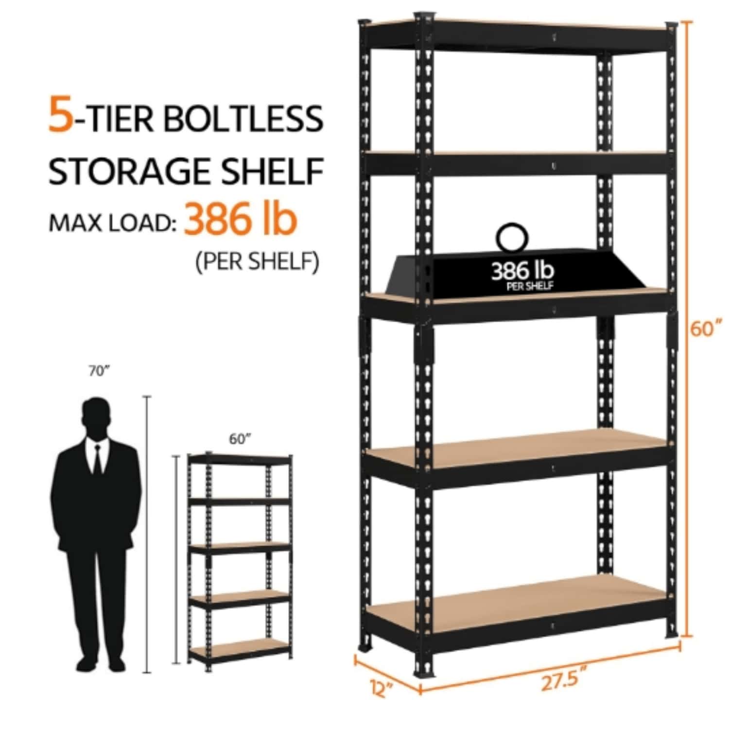 5-Tier Utility Shelves, Metal Storage Shelves, Adjustable Shelving ...