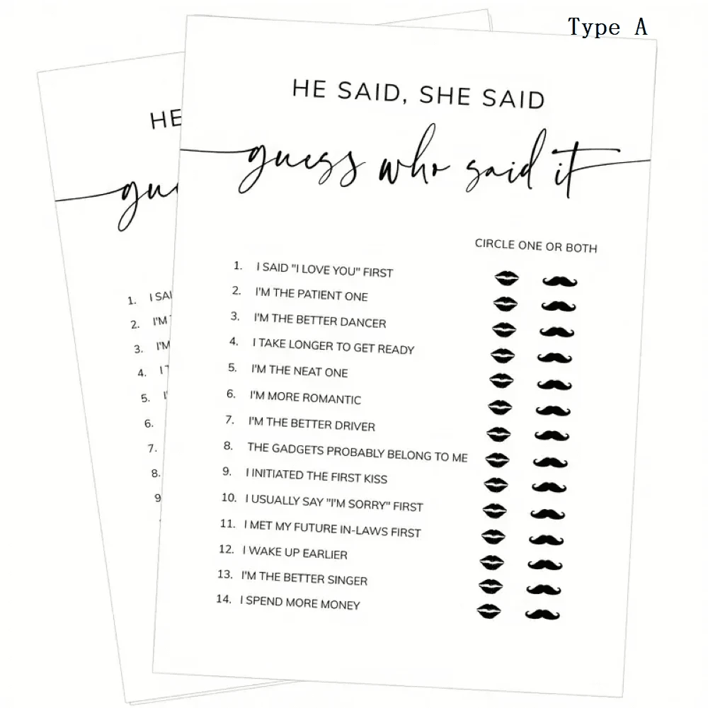 Bridal Shower Game Cards - He Said She Said Game - Wedding Party Games ...