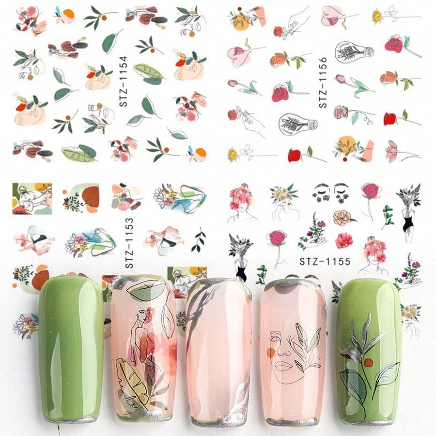 4-In-1 Nail Stickers Spring Summer Watercolor Flower Nail Stickers ...
