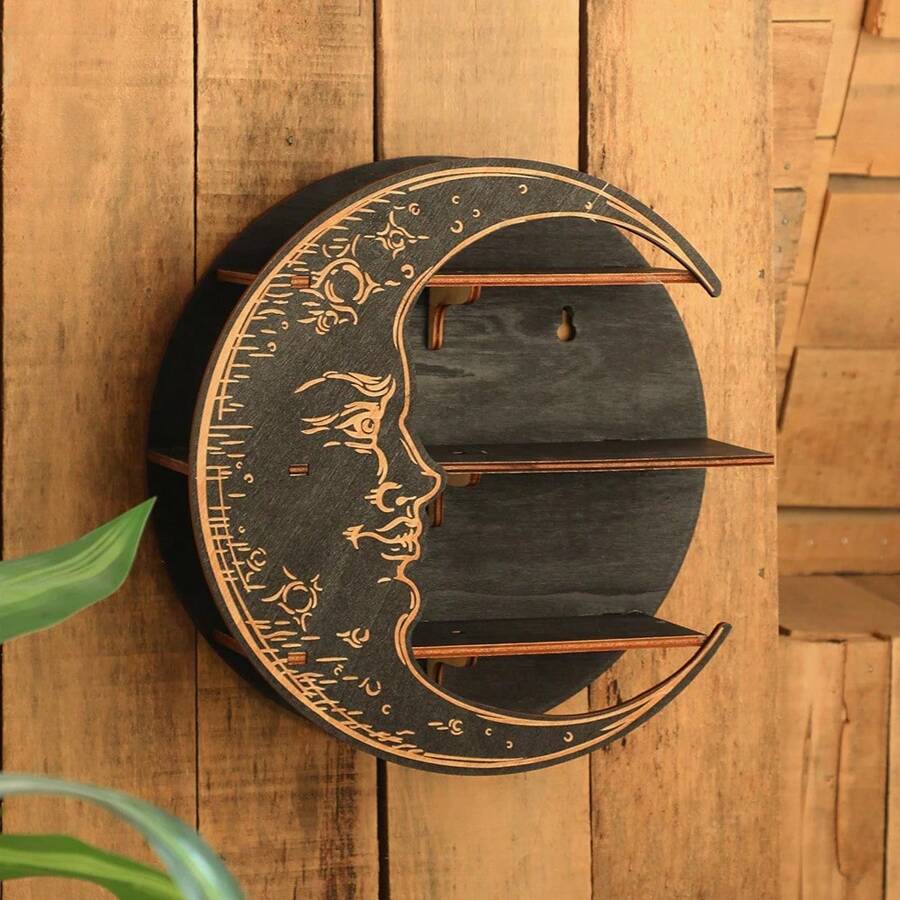 Wooden Shelf Moon Face Display Stand Floating Shelf Wall Decor Wall ...
