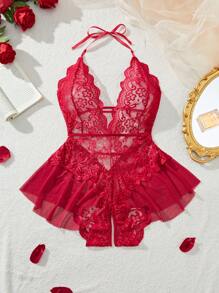 Plus Size Lace Sexy Lingerie Set, Backless Deep V Halter Sheer ...