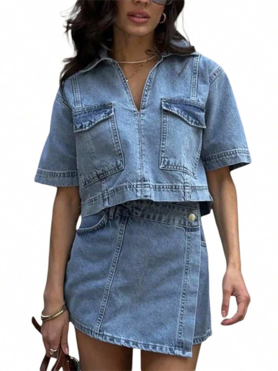 Womens 2 Piece Denim Outfits Short Sleeve Lapel Jean Tops And ...