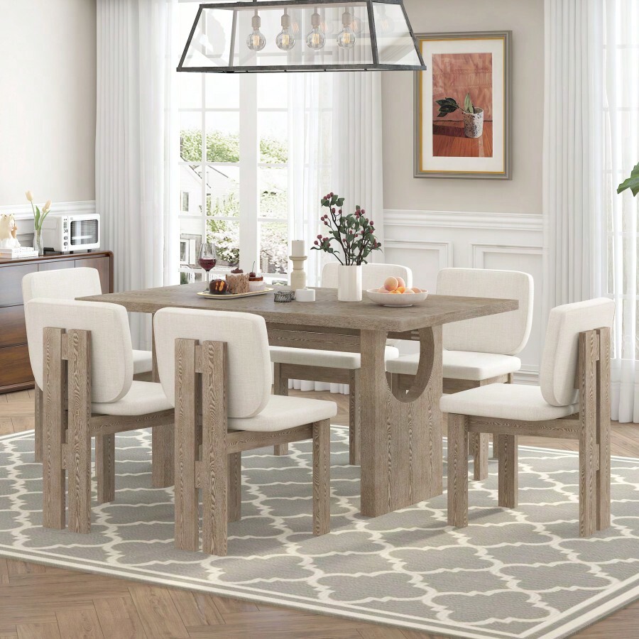 7-Piece Retro Dining Set, 1 Rectangular Table With Designed Trestle ...