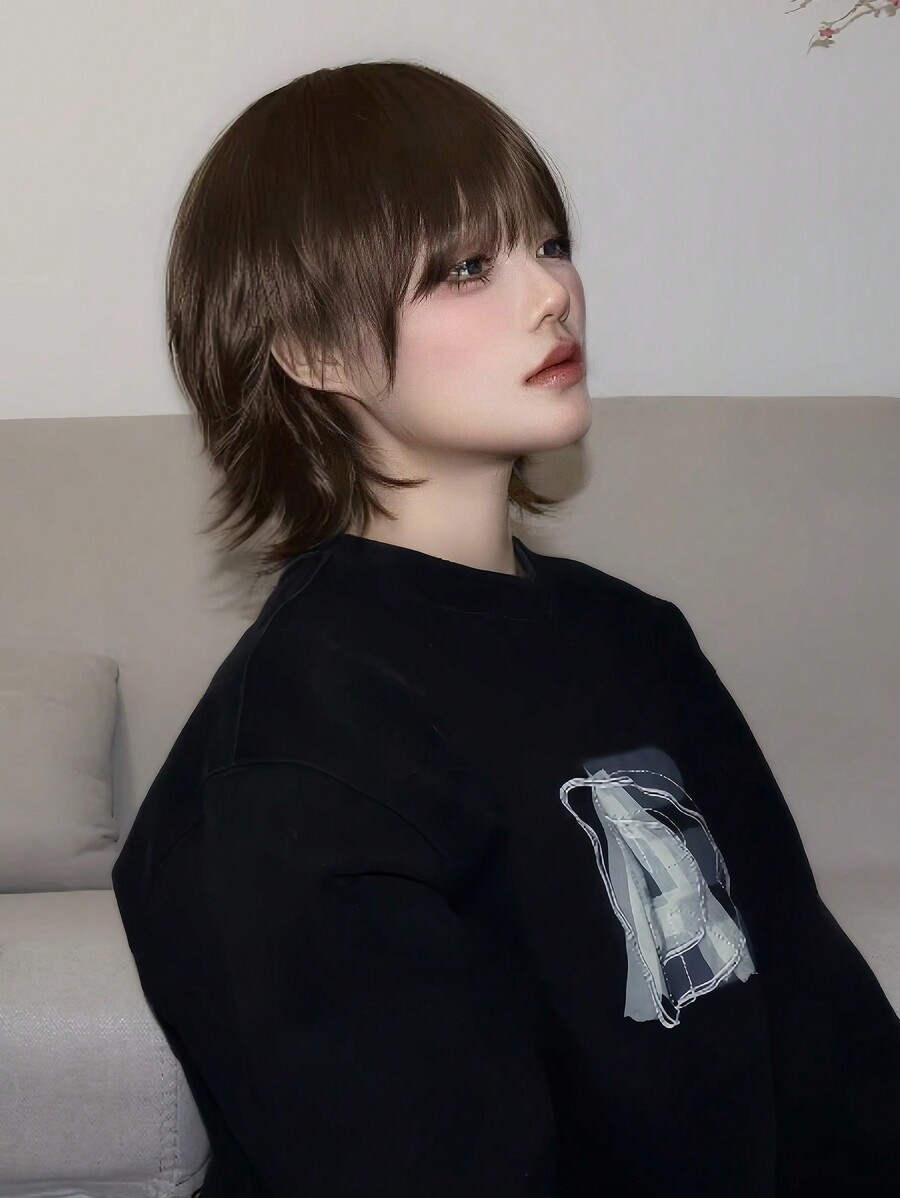 10-Inch Short Mullet Head Wigs With Bangs Synthetic Straight Women ...