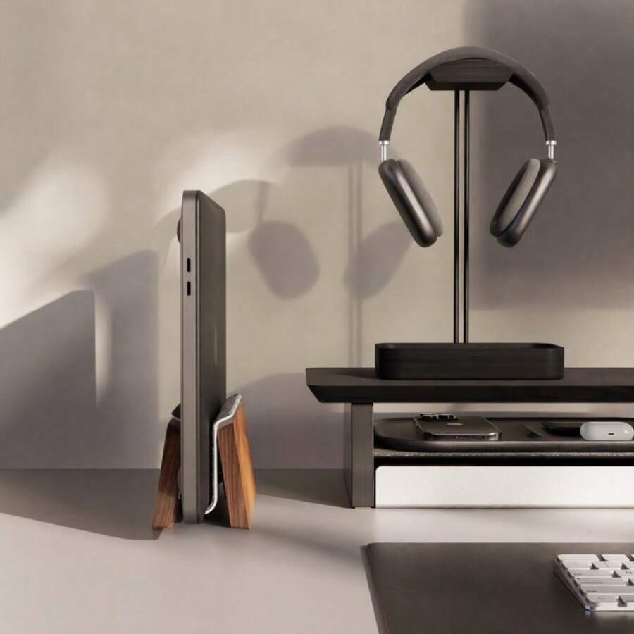 Vertical Laptop Stand Dual Slot Premium Walnut Wood Double Clamshell ...