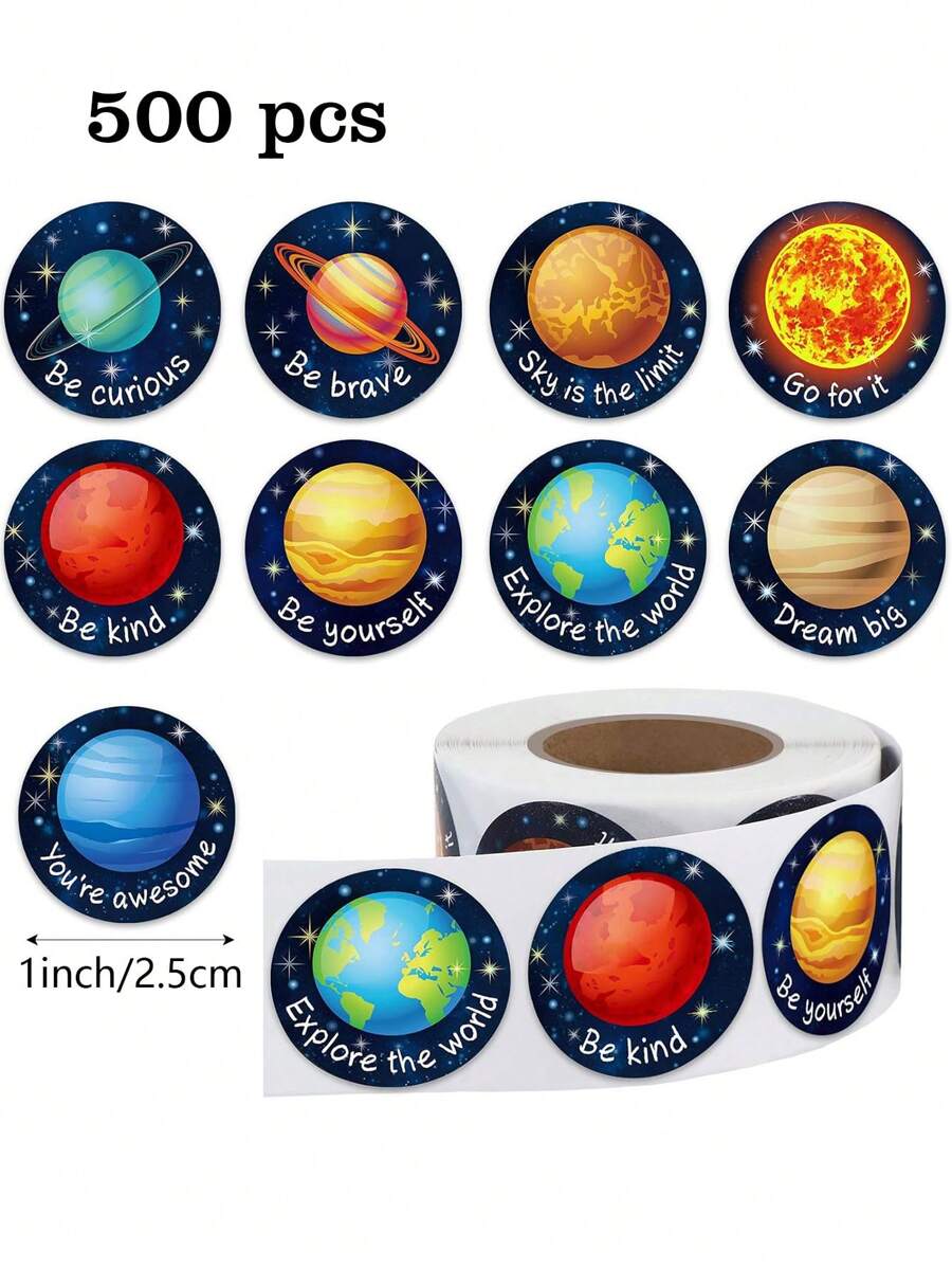 500pcs/Roll Cartoon Planet & Encouraging English Text Self-Adhesive ...