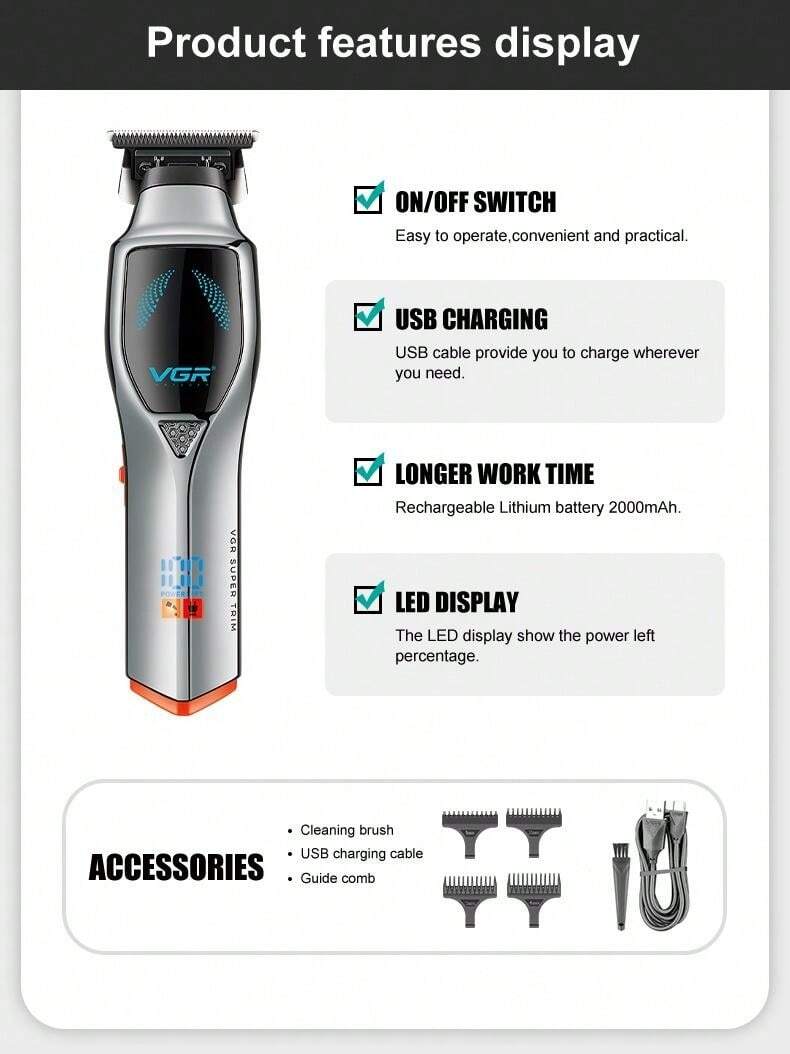 VGR آلة قص الشعر المحمولة والقابلة للشحن VGR, قاطع شعر رقمي لا سلكي، جهاز نهائي لقص الشعر V-187 ...