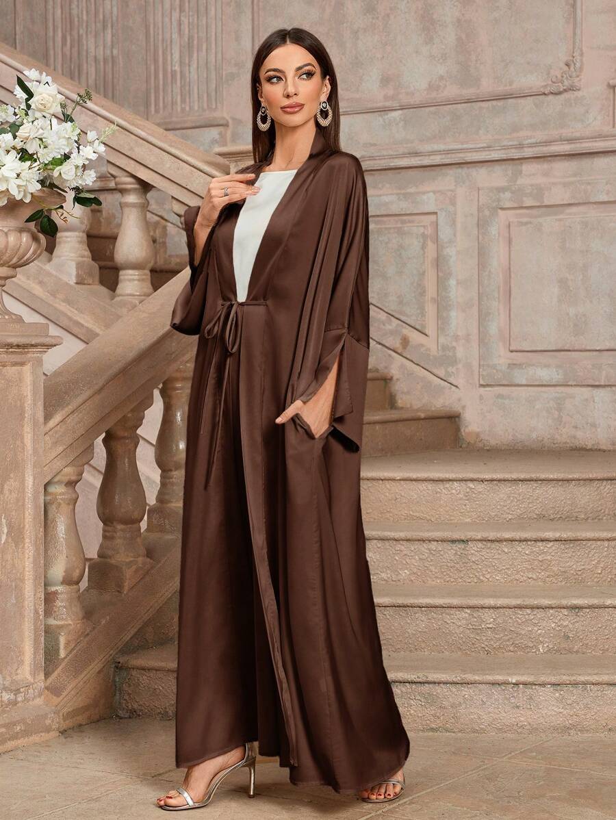 Ultrasoft Satin Abaya Arabic Muslim Women Dubai Slplit Sleeve Open ...