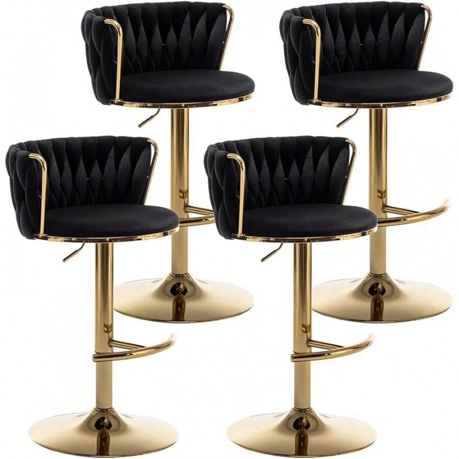 Woven Bar Stool 4-Piece Set, Counter Height Low Back Bar Stool, Kitchen Island Golden Rotating ...