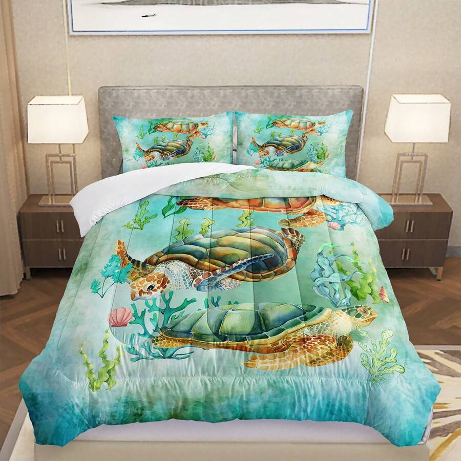 Turtle Comforter Set Twin Retro Tortoise Bed Sheet Set Ocean Watercolor ...
